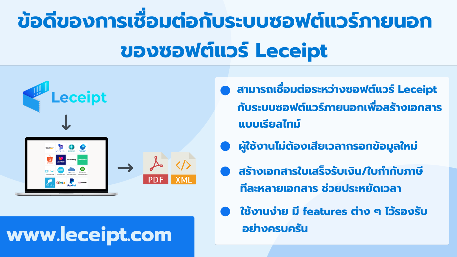 Leceipt เชื่อมต่อระบบซอฟแวร์ภายนอกอะไรบ้าง เพื่อเอกสารใบกำกับภาษี